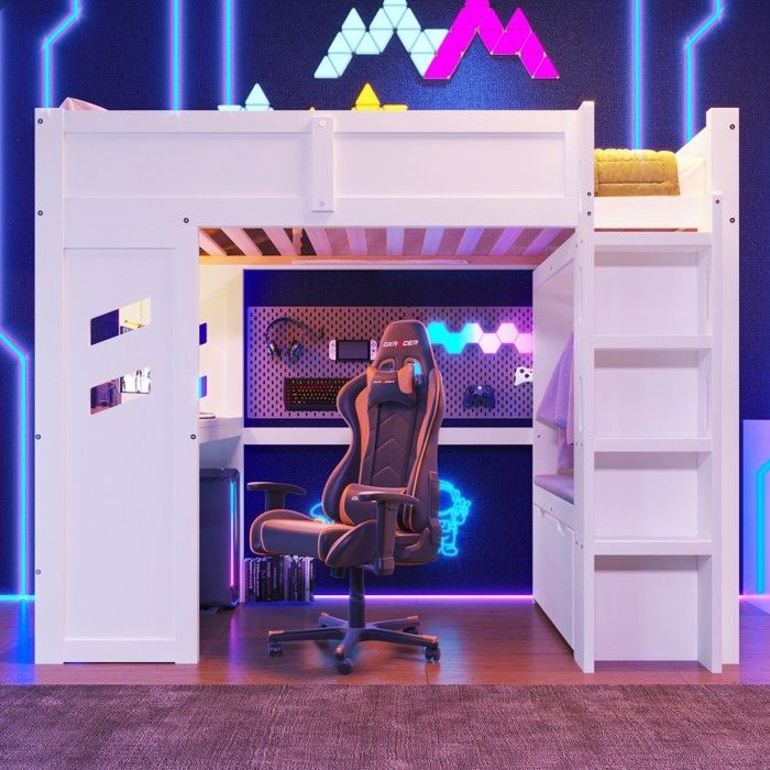 Lit Mezzanine Gamer-Bureau Intégré-LEDs Ports USB Type-C-Tiroir Portant ...