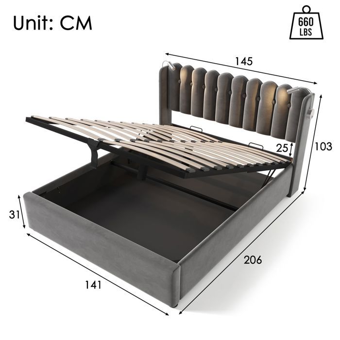 Lit coffre 140x200,Lampe lecture,lit double,tête lit capitonnée, Espace ...