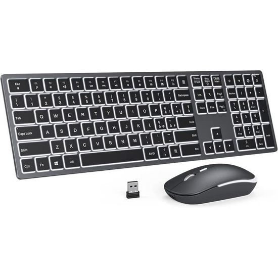 Kit clavier et souris sans fil, rétro-éclairé, rechargeable, clavier ...
