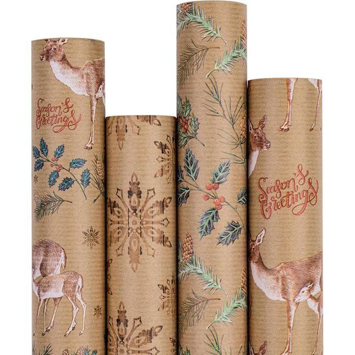 Christmas Wrapping Paper Roll - Reindeer and Holly Holiday Design - 4 ...
