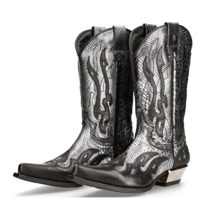 Bottes de cowboy vintage brodées hautes - INSFITY - Gris - Homme - Cuir ...