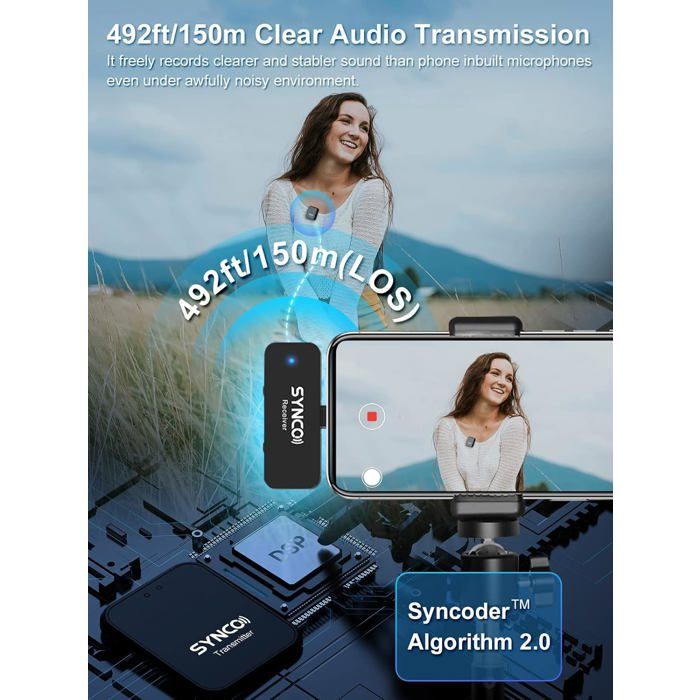 SYNCO Microphone Smartphone sans Fil, G1T (Type-C) 2.4GHz Micro Cravate Wireless avec 1*Émetteur ...