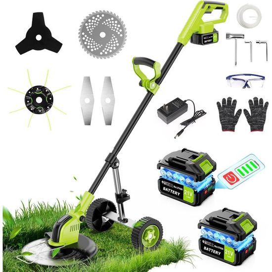 Debroussailleuse Electrique sans Fil 21V, Coupe Bordure sans Fil avec Batteries 2x3.0Ah et 4 ...