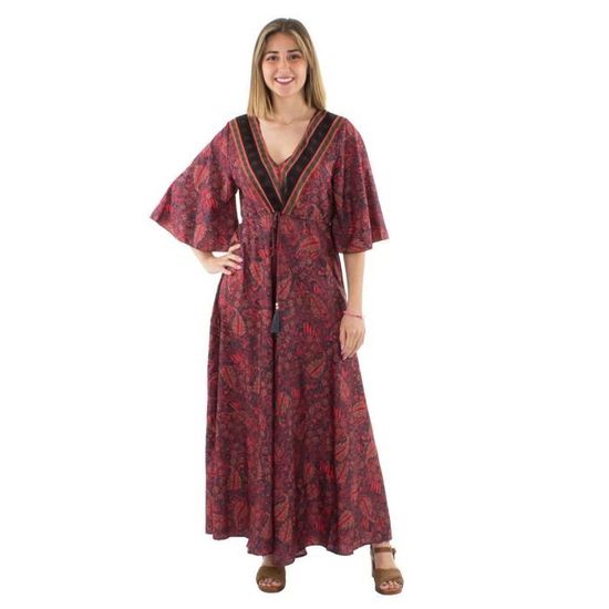 Robe Coline longue bohème manches 3-4 évasées Rouge - Cdiscount Prêt-à ...