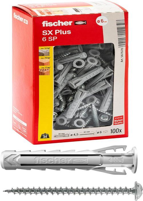 Lot de 100 chevilles SX Plus SP avec vis à tête cylindrique 6 x 30 mm ...