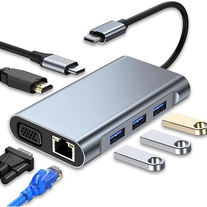 Hub USB C, Adaptateur Multiport USB C 7 en 1 avec 4K HDMI VGA USB 3.0 100 W PD et Ethernet RJ45 ...