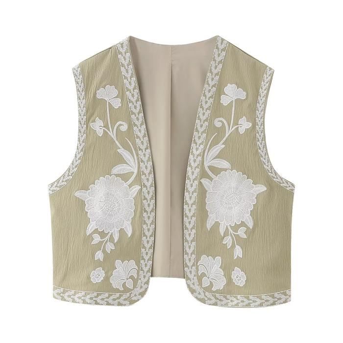 Zevity-Veste Brodée Florale Courte pour Femme,Gilet Décontracté,Style ...