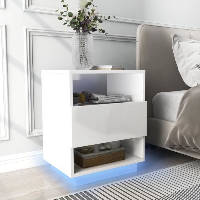 Table de Chevet Moderne Blanc - Meuble de Chevet avec LED pour Chambre ...