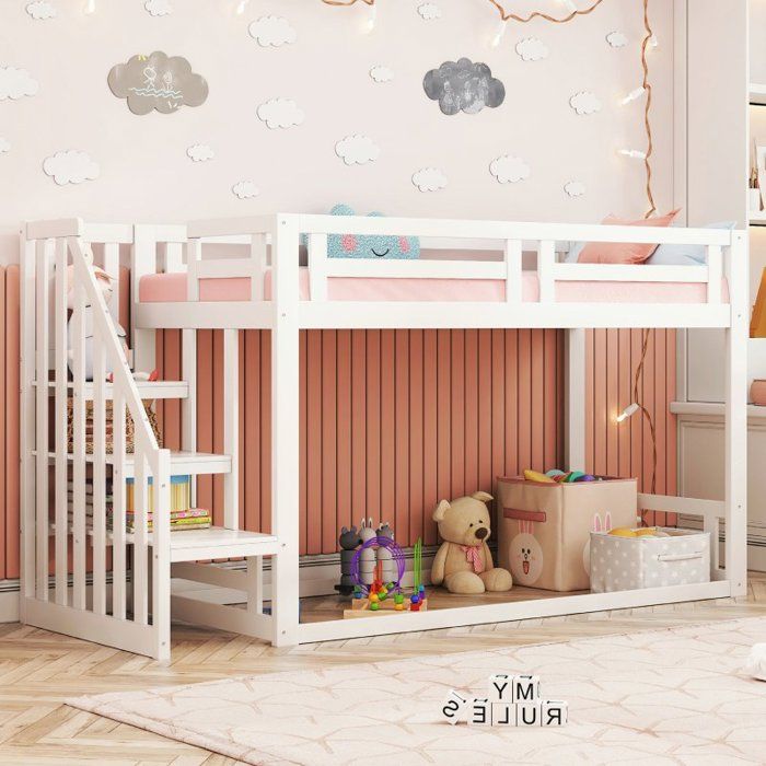 Lit superposé enfant - LANGTU - 90 x 200 - Superposé bas avec escalier ...