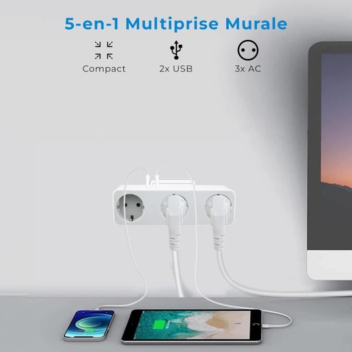 Multiprise Murale, 5 En 1 Multiprise Usb, Multiprise 3 Prises Et 2 ...