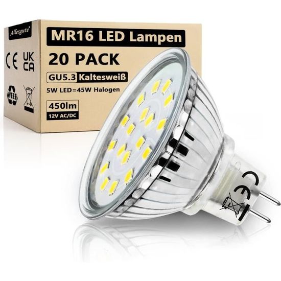 Lot de 20 Ampoules LED GU5.3 MR16 5W - Lumière Blanc Froid 6000K, Non Spot LED, Remplace les ...