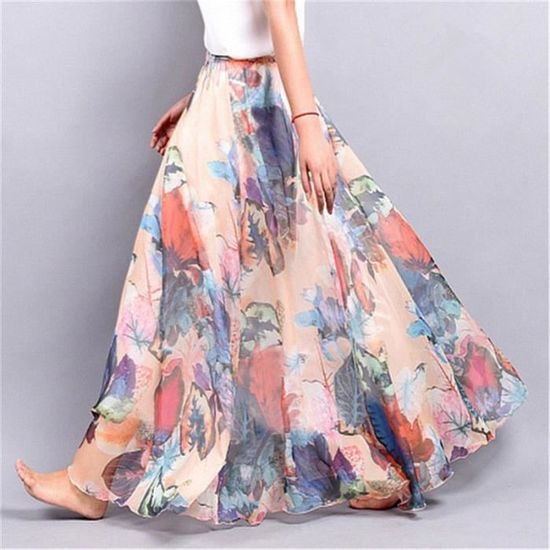 Dames Ethnique Boheme Plage Maxi Jupe - Rouge Vintage Fleur Imprimer ...