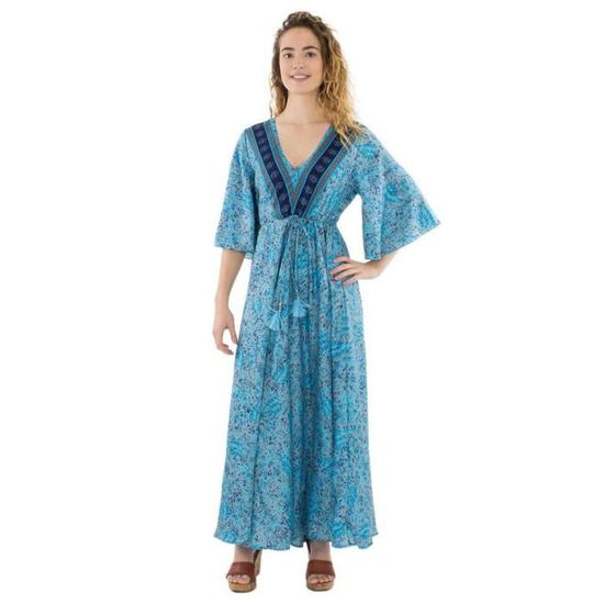 Robe Coline longue bohème manches 3-4 évasées Turquoise - Cdiscount ...