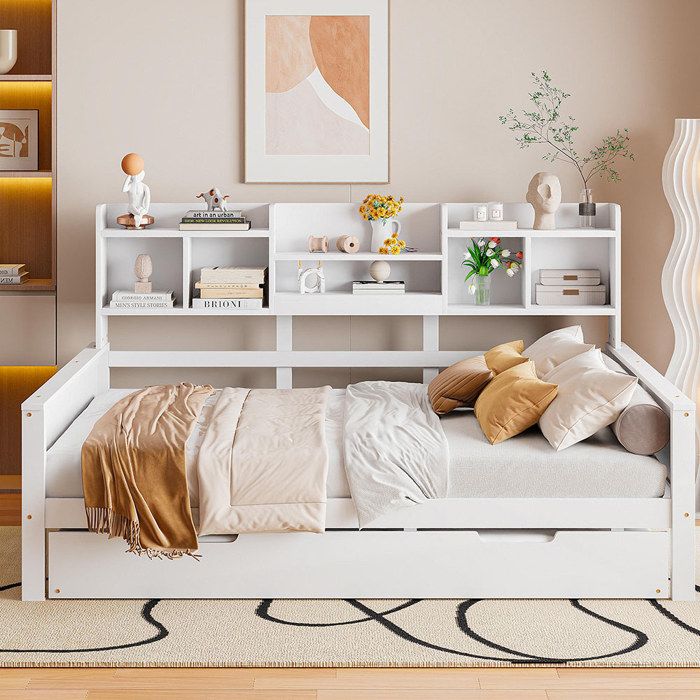 Lit extensible 140x200 cm+90x190 cm Canapé-lit avec compartiment de ...