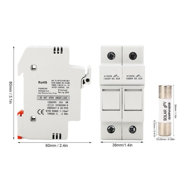 Porte-Fusible Dc Porte-Fusible 2P 32A 1000Vdc Pv Dc Avec Fusible Pv 30A ...
