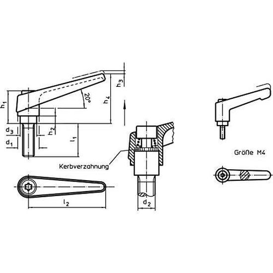 HALDER Levier de serrage réglable Orange d1 = 14 mm / d2 = M6 / l1 = 40 mm - 24400.0181 ...