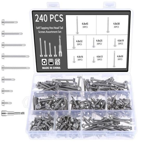 240 Pièces Vis Autoforeuse À Tete Hexagonale, 4,8 X 13-50 Mm Vis Autotaraudeuse Inox Vis ...
