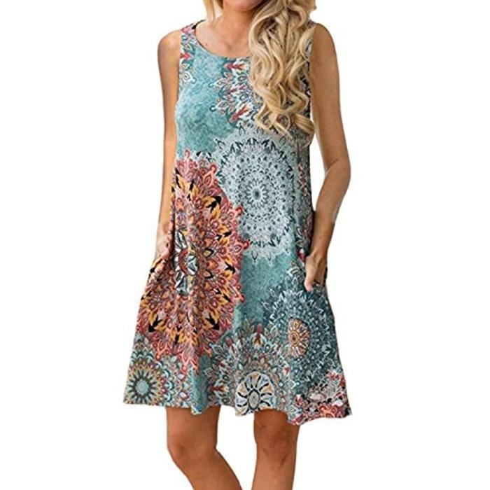 Robe ANQJP Mini robes d'été imprimé floral aléatoire sans manches col ...