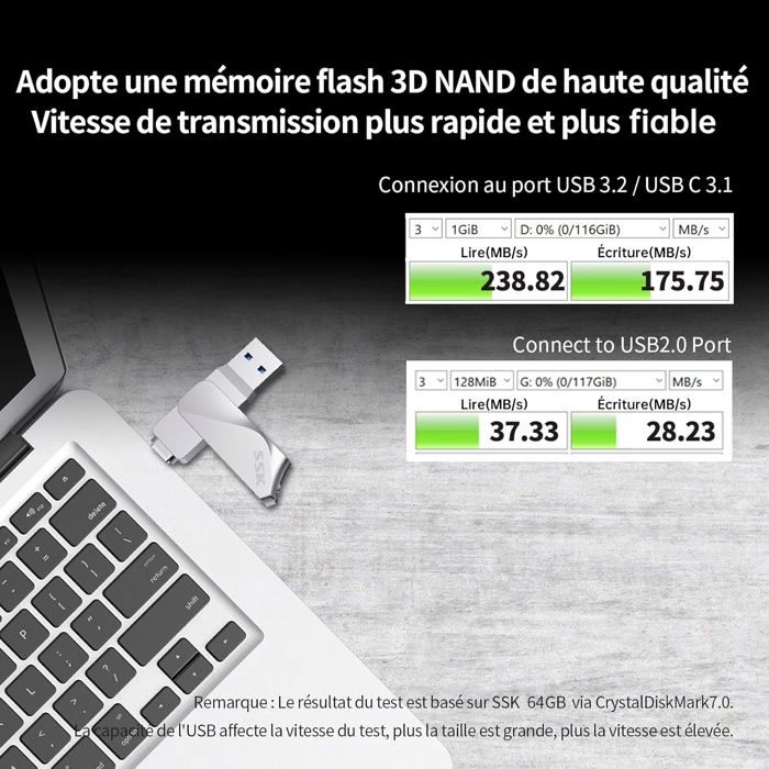 Cle USB 64Go Clé USB3.2 Haute Vitesse Clef USB2 en 1 Métal Flash Drive ...