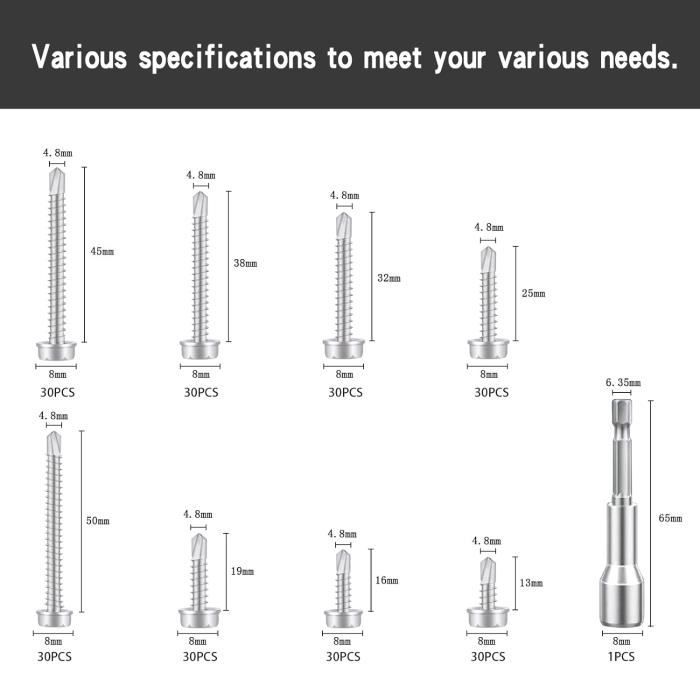 240 Pièces Vis Autoforeuse À Tete Hexagonale, 4,8 X 13-50 Mm Vis ...