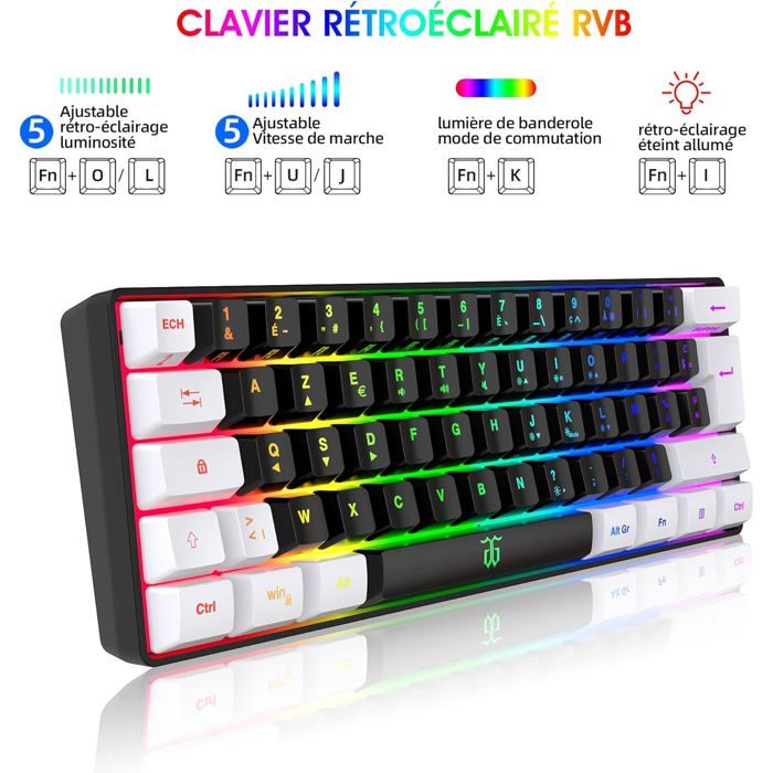 Clavier gaming compact - JOZSI - Azerty 60%, blanc/noir, filaire, RGB ...