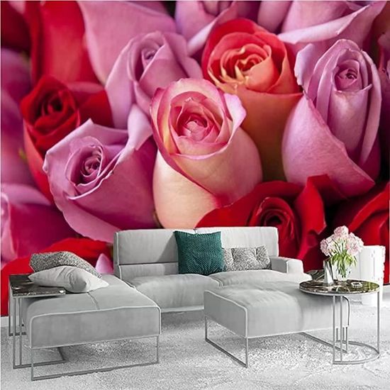 Papier Peint Panoramique Roses Rouges Et Fond De Feuilles Vertes ...