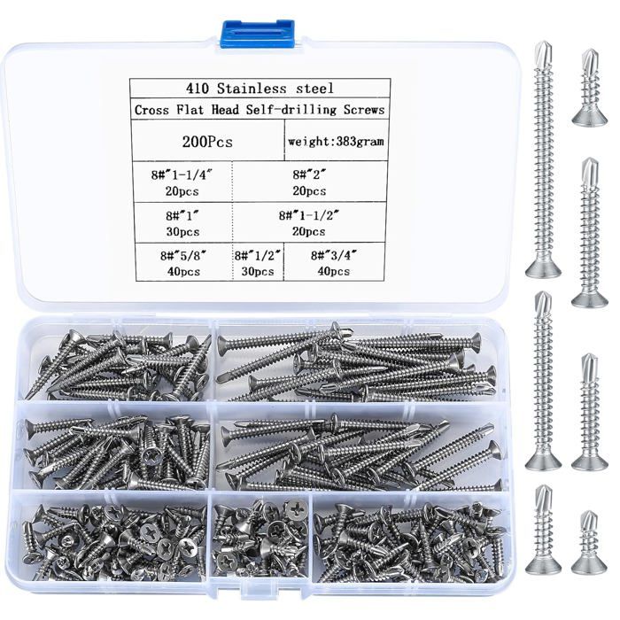 200 Pièces Vis Autoperceuses, Vis à Bois à Tête Plate Vroisée, Vis Autotaraudeuses Acier Inox ...