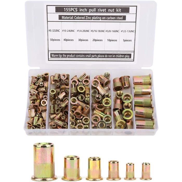 Assortiment de 155 écrous à rivets à tête plate à extrémité ouverte ...