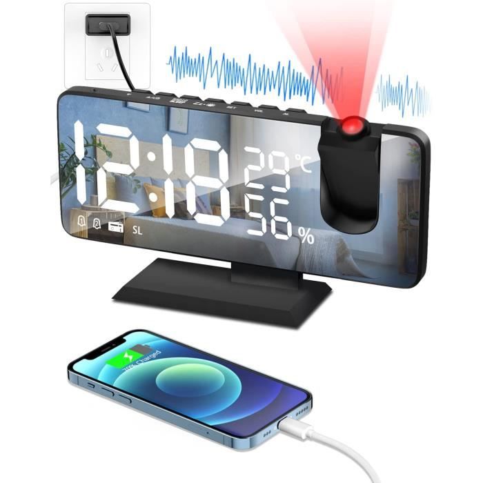 Reveil Projection Plafond avec Radio FM,Adaptateur,Écran Miroir LED 7.4 ...