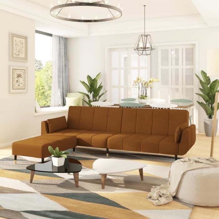 VAGUE Canapé-lit 2 places et tabouret deux oreillers Marron Velours ...