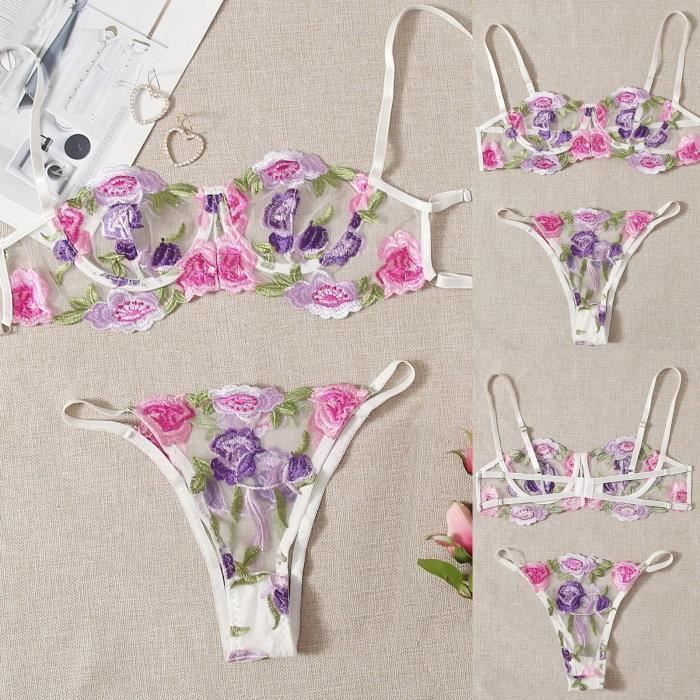G-String Rose Fleurs Broderie Bralette Cupless Dentelle Soutien-Gorge ...
