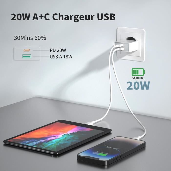 Chargeur Usb C 20W Rapide Prise Pour Iphone 15 14 13 12 11 Pro Max Se ...