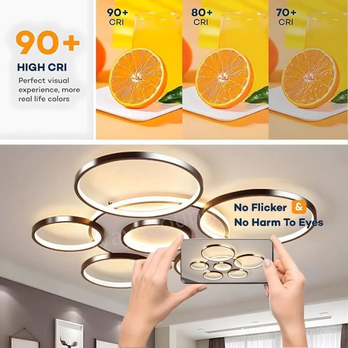 Plafonnier Led | Plafonnier De Salon Moderne À 7 Anneaux | Cercle Rond Noire 120W-Ø110Cm ...