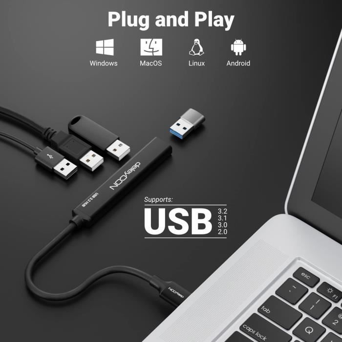 USB HUB 4 Port - 4X Prises USB A (1x USB 3.0 -- 3X Prises Femelles USB2 ...