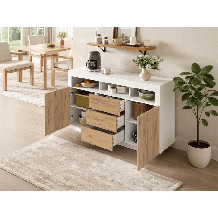 Buffet bas moderne 140x40x85 cm, 3 tiroirs 2 portes, rangement salon ...