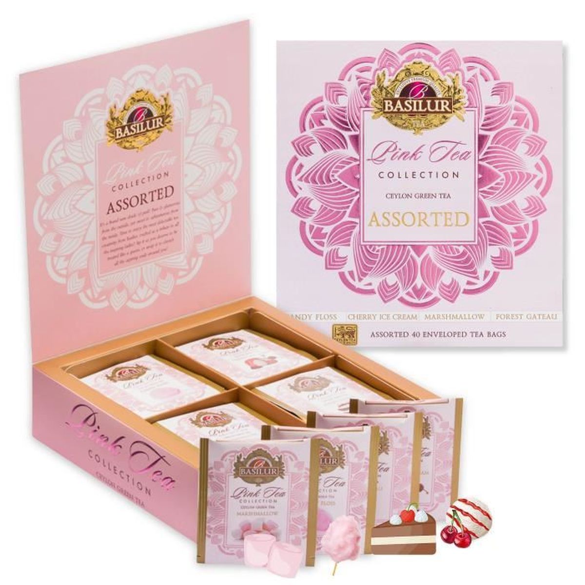 BASILUR Pink Tea - Coffret de thés verts de Ceylan en sachets, 40x1,5g ...