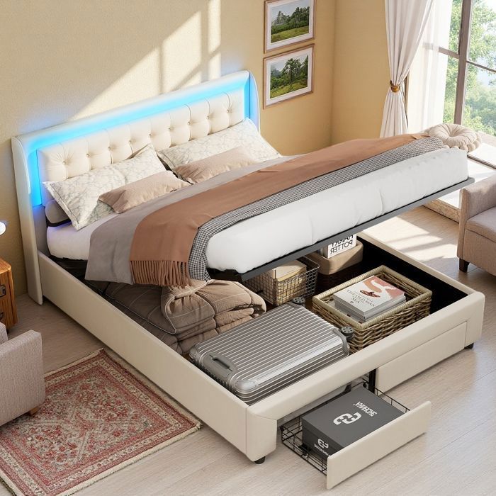 Lit LED 160x200 avec Sommier et Rangement – Lit Coffre avec 2 Tiroirs ...