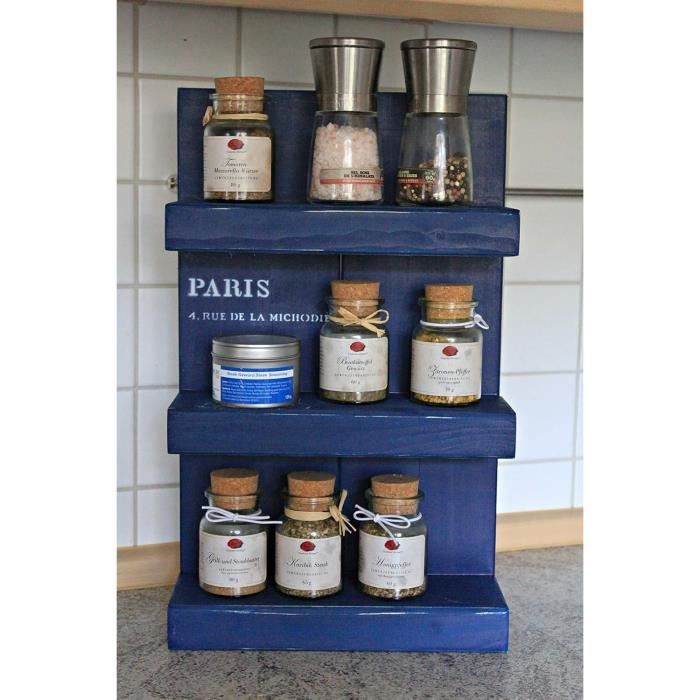 Porte-épices en bois - à poser ou à accrocher au mur - Bleu - 3 étagères - 48 x 29 x 12 cm ...