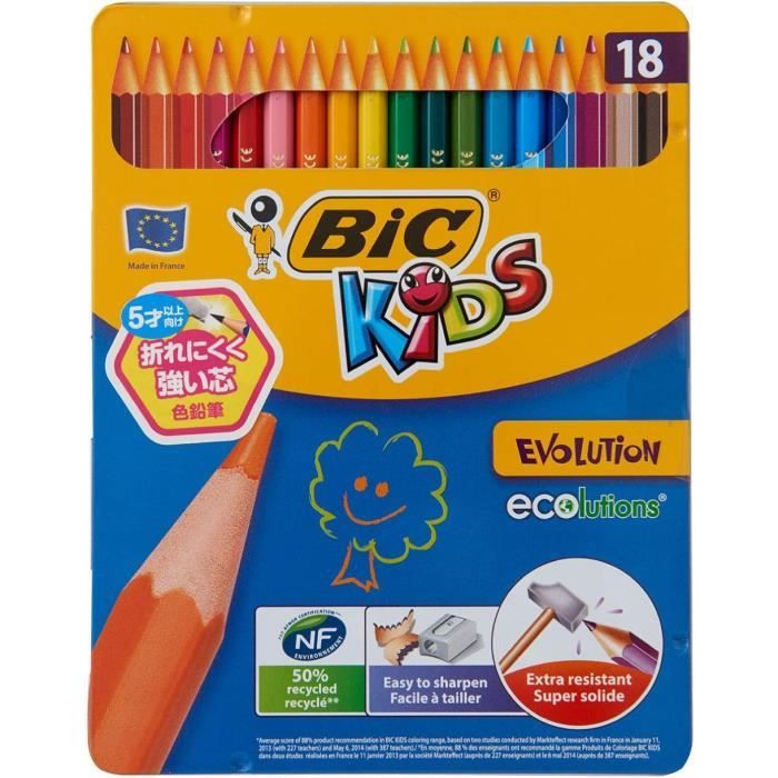 BIC Kids Evolution ECOlutions Crayons de Couleur - Coloris Assortis, Boîte en Métal de 18406 ...
