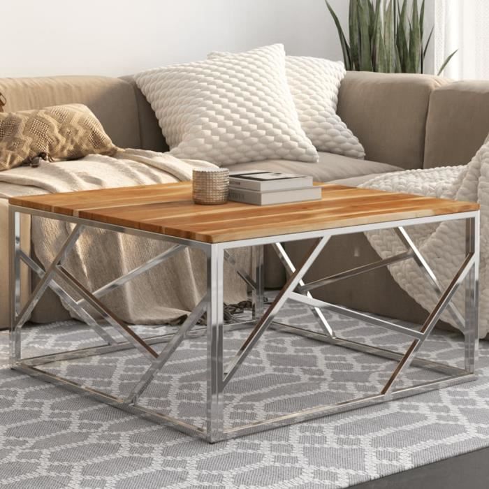 SIB Table basse argenté acier inoxydable et bois massif d'acacia ...