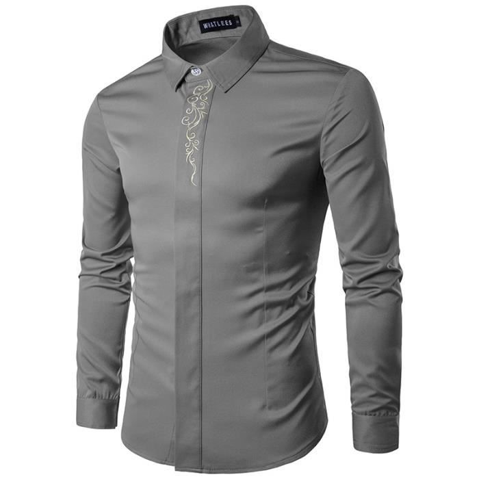 Chemise homme KJEHOME A25 Gris - Manches longues - Col chemise - Broderie multicolore - Bas ...