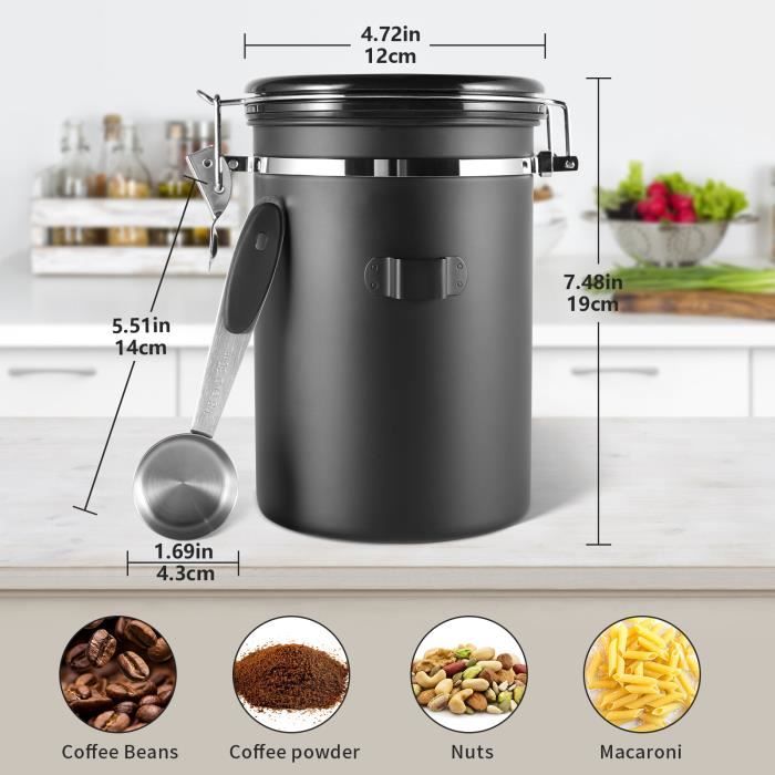 Pot à café hermétique 1,8 L en acier inoxydable - récipient à grains ...