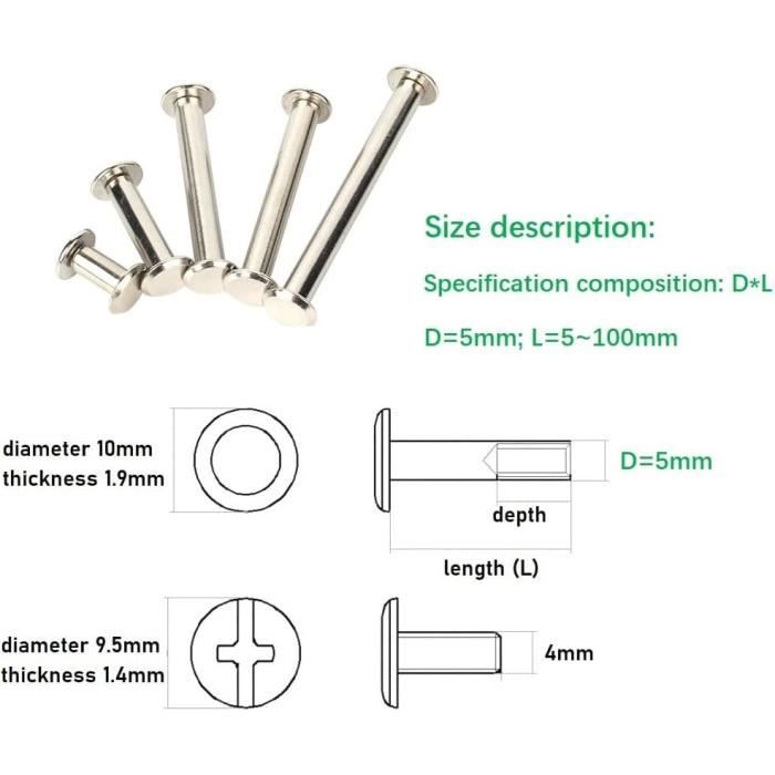 Chicago Vis de Reliure à Vis Nickelée Rivets à Tête Plate M5x100mm (6 ...