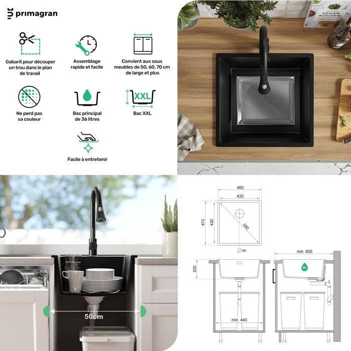 Evier Cuisine en Granit 46x47cm, Lavabo 1 bac + Kit de Vidage + Robinet ...