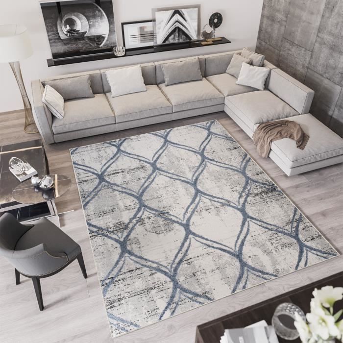TAPISO Troya Tapis de Salon Chambre Design Moderne Marocain Tacheté Bleu Gris Doux Frise 200 x ...