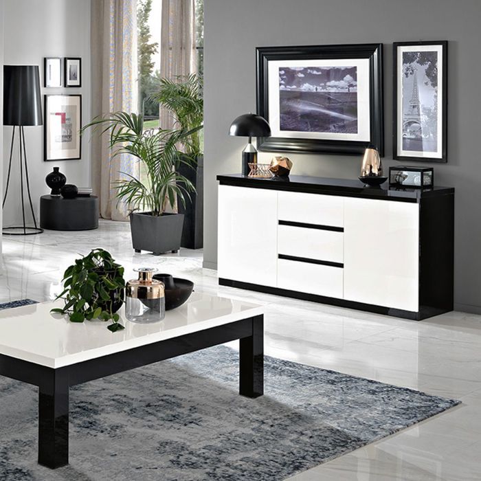 DEYTON - Buffet 2 Portes 3 Tiroirs Laqué Noir et Blanc Brillant ...
