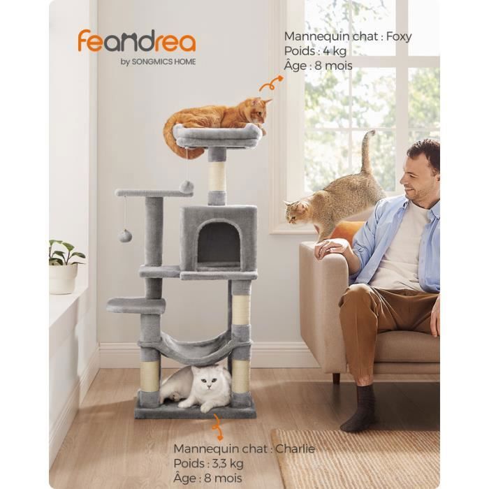 Arbre à Chat - FEANDREA - Hauteur 112 cm - 4 Poteaux à Griffer - 2 ...
