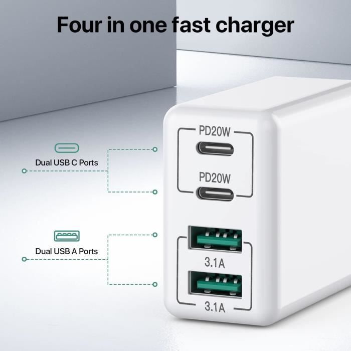 [2 Pièces] Chargeur Usb C 40W, 4 Ports Usb C, Bloc De Charge Rapide Dual Port Pd+Qc Prise Murale ...