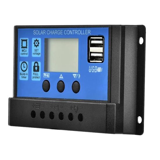 Contrôleur de charge solaire PWM 20 A avec doble USB-12 V-24 V, panneau LCD intégré, contrôleur ...