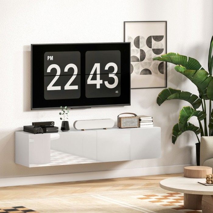 Meuble TV Murale Blanc 140cm pour Écrans Jusqu'à 65" avec Étagères de ...